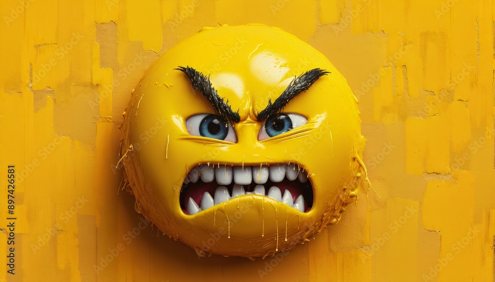 intense yellow backdrop, emoji face with an angry expression and ...