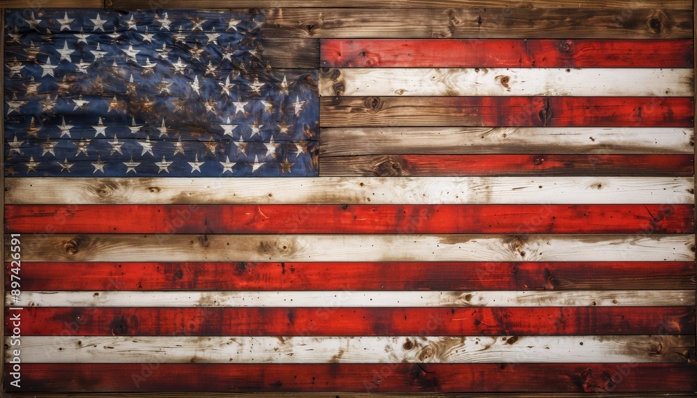 usa flag unfurled on a rustic wooden background, red and white stripes ...