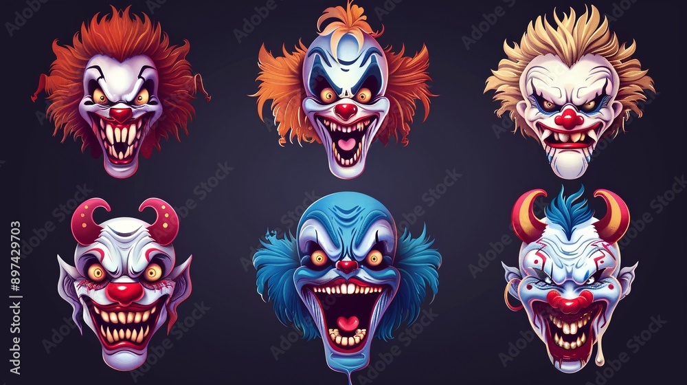 Cartoon horror clown character face set. Halloween scary circus ...