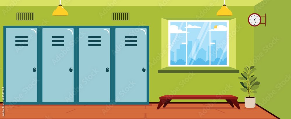 Vector illustration of a school sports locker room. Cartoon scene of a ...