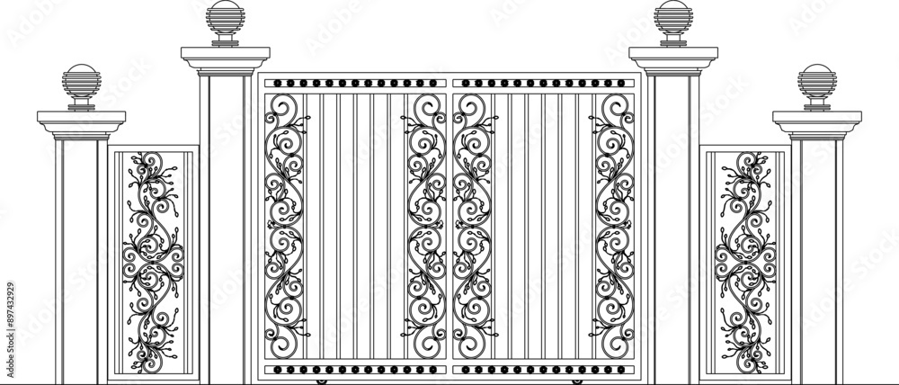 Sketch, vector silhouette illustration, detailed drawing of a fence ...