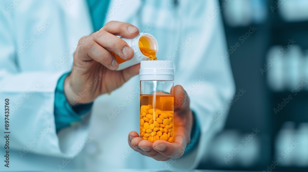 A detailed view of a pharmacists hands filling a generic syrup ...