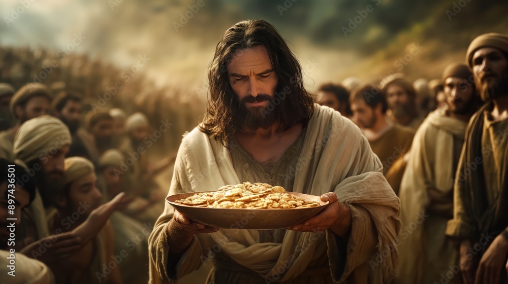 Foto de Jesus feeding the five thousand with bread and fish do Stock ...