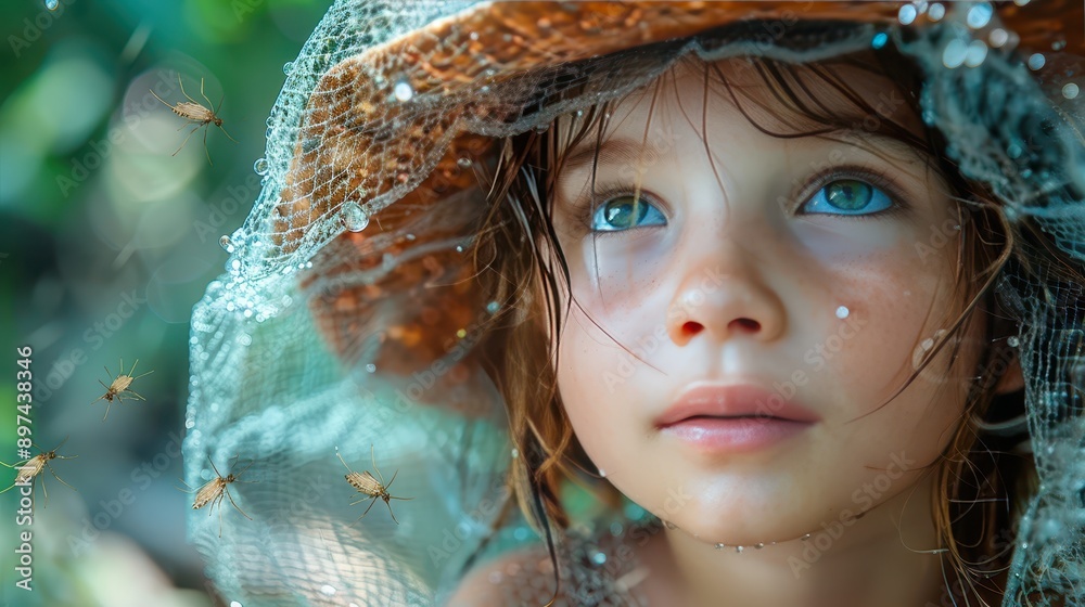 Child Wearing Protective Mosquito Net Hat Playing in Tropical ...