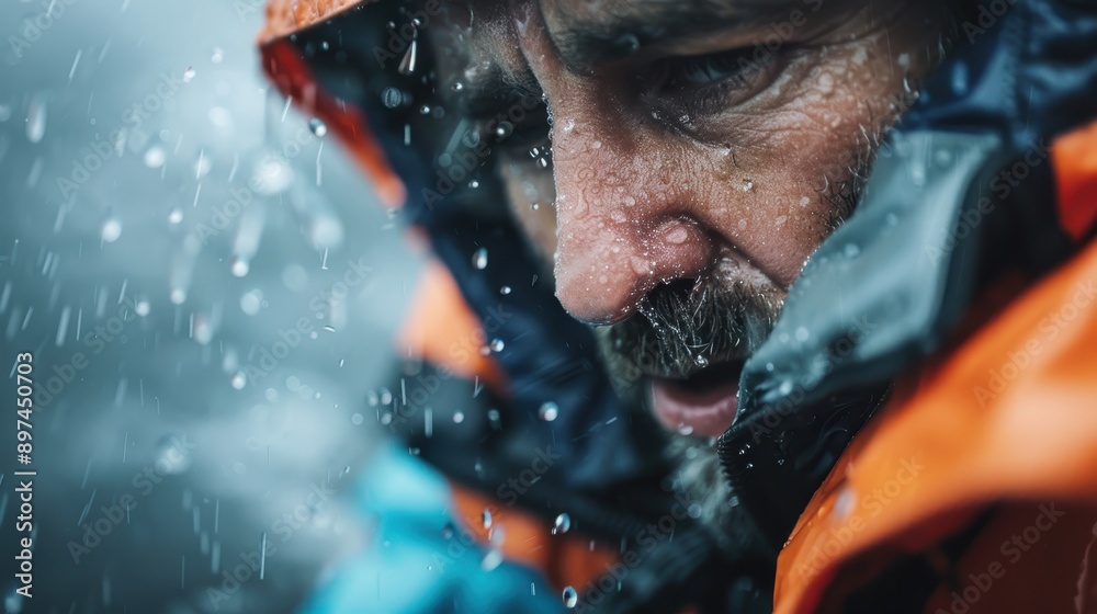 A focused view capturing a wet rain jacket amidst heavy rainfall, with ...