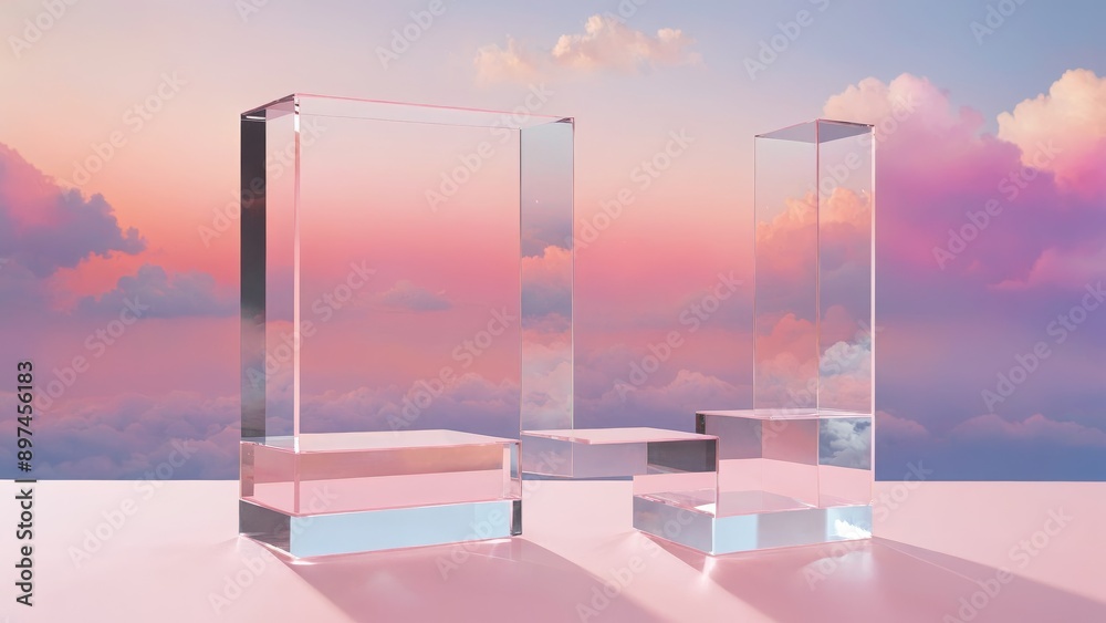 Crystal cubism design of a glass cube sitting on a table with clouds ...