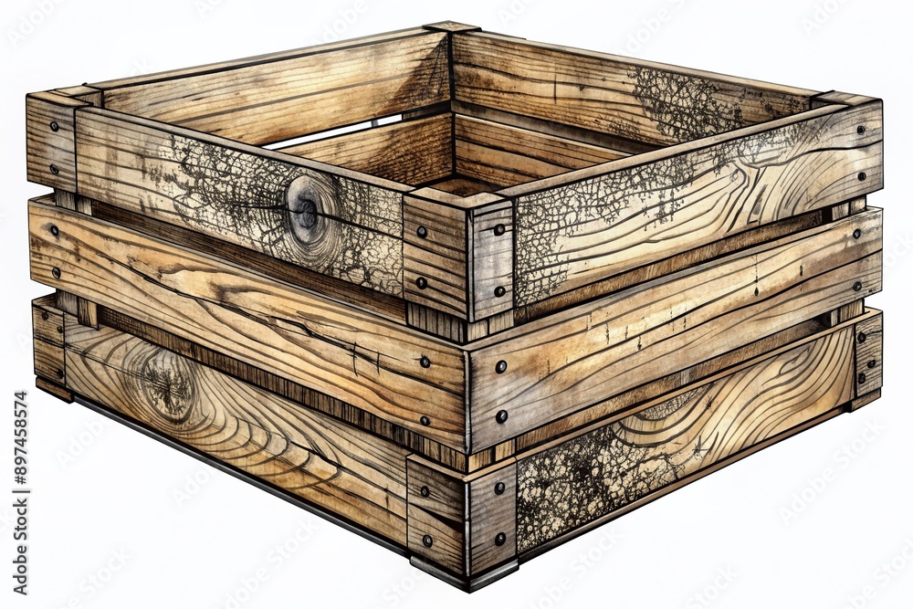 Weathered wooden crate displays intricate grain patterns, worn smooth ...