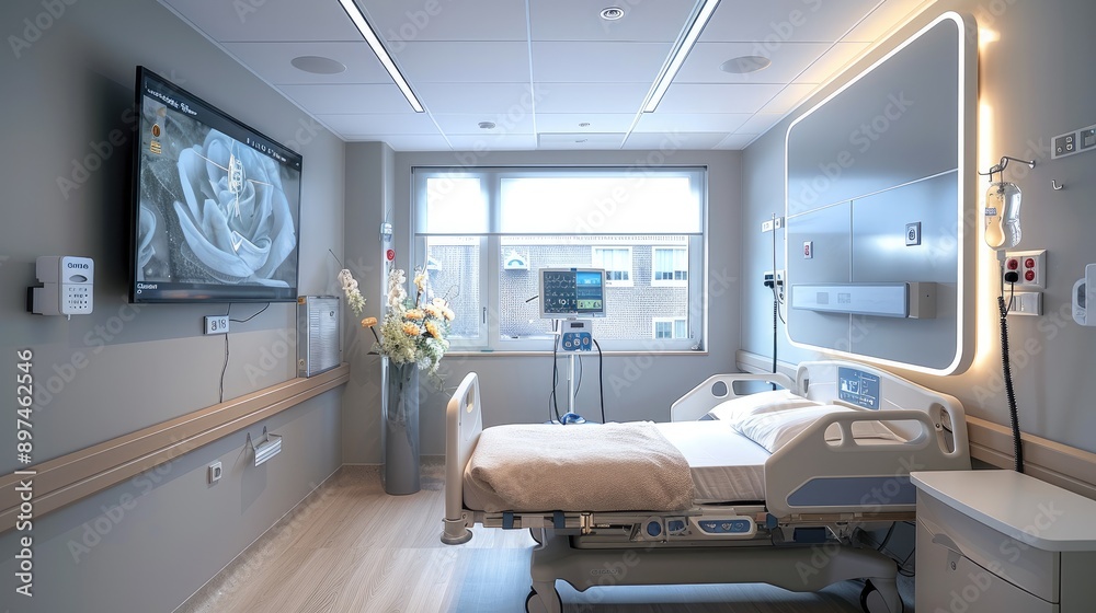 A patient room with a wall-mounted touchscreen for signing consent ...