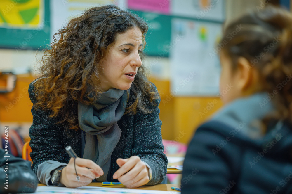 an Israeli classroom where a female teacher is sitting across from a ...