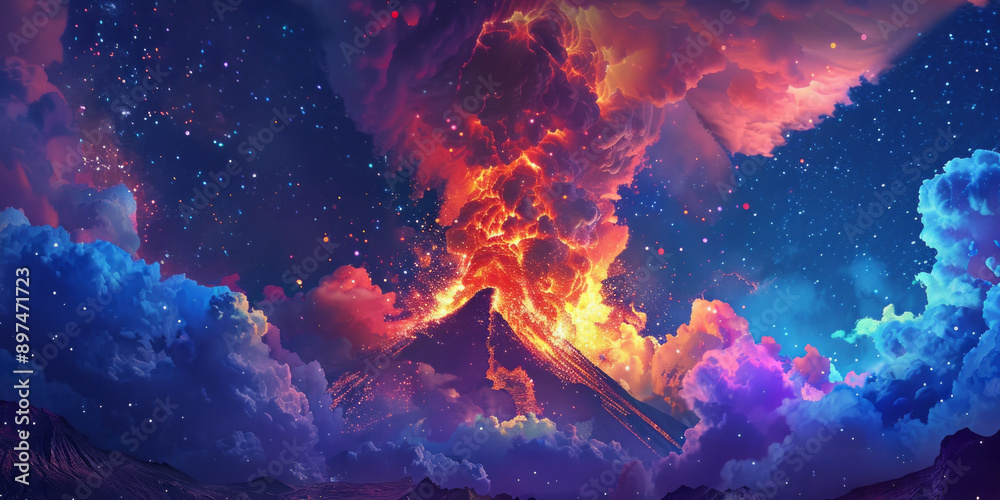 Illustration of Erupting volcano with lava under starry night sky and ...