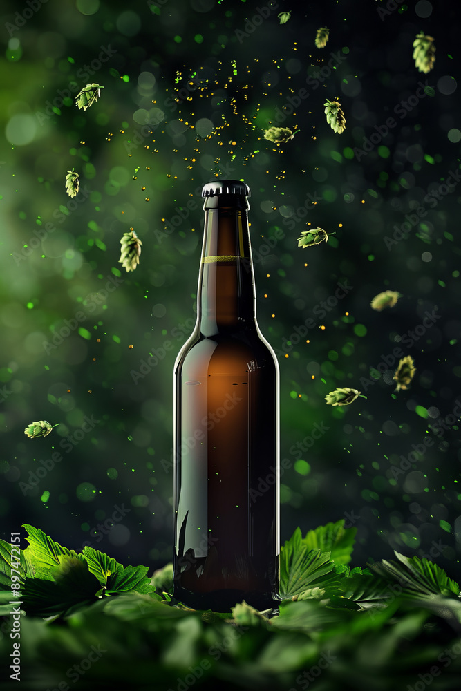Dark beer bottle surrounded by floating hops and leaves on green ...