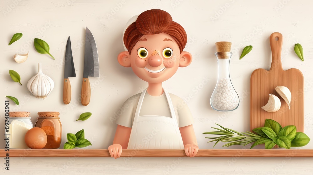 This illustration portrays a chef in a kitchen setting with essential ...