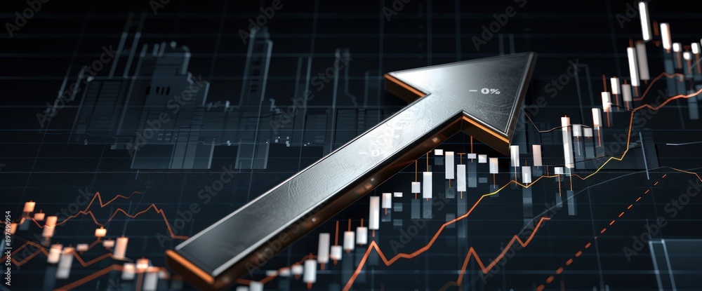 Digital silver arrow up with stock market graph and growth chart on ...