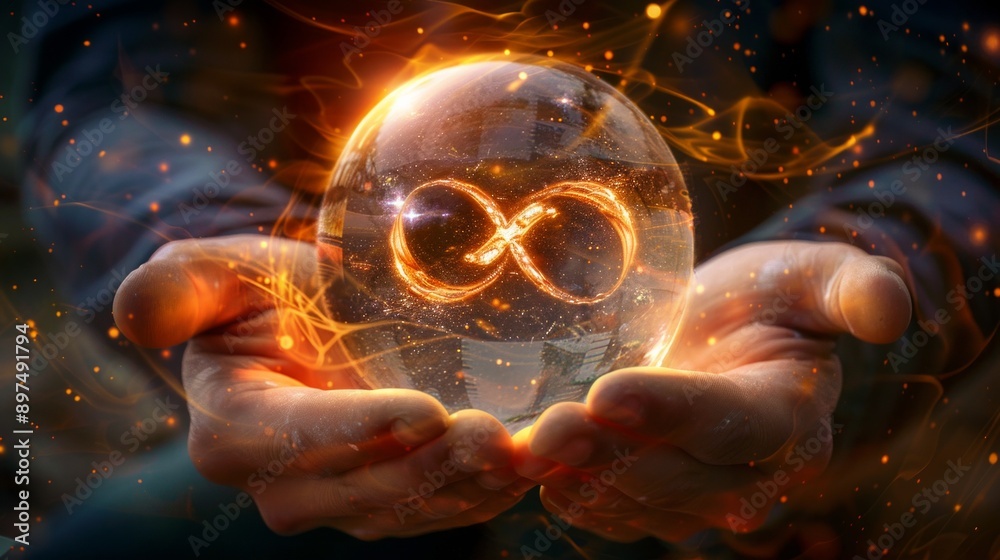 Infinity Symbol Glowing in Crystal Ball : Mysterious hands cradle a ...