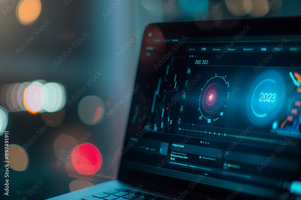 Laptop with rising bar graph showing "2023" and "horrors, financial ...