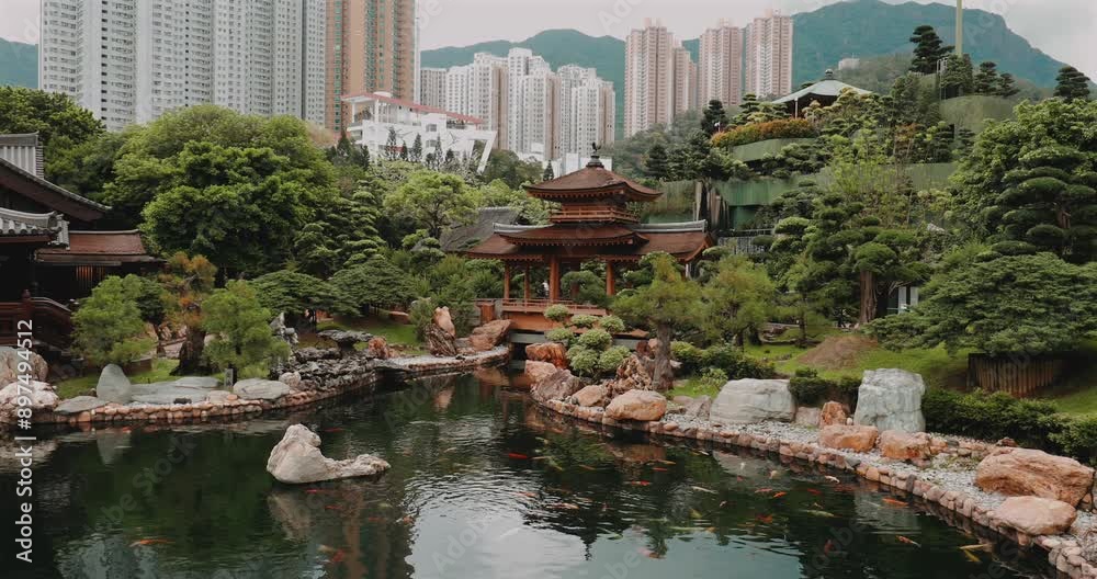 Serene Asian garden with traditional pavilion, lush greenery, and koi ...