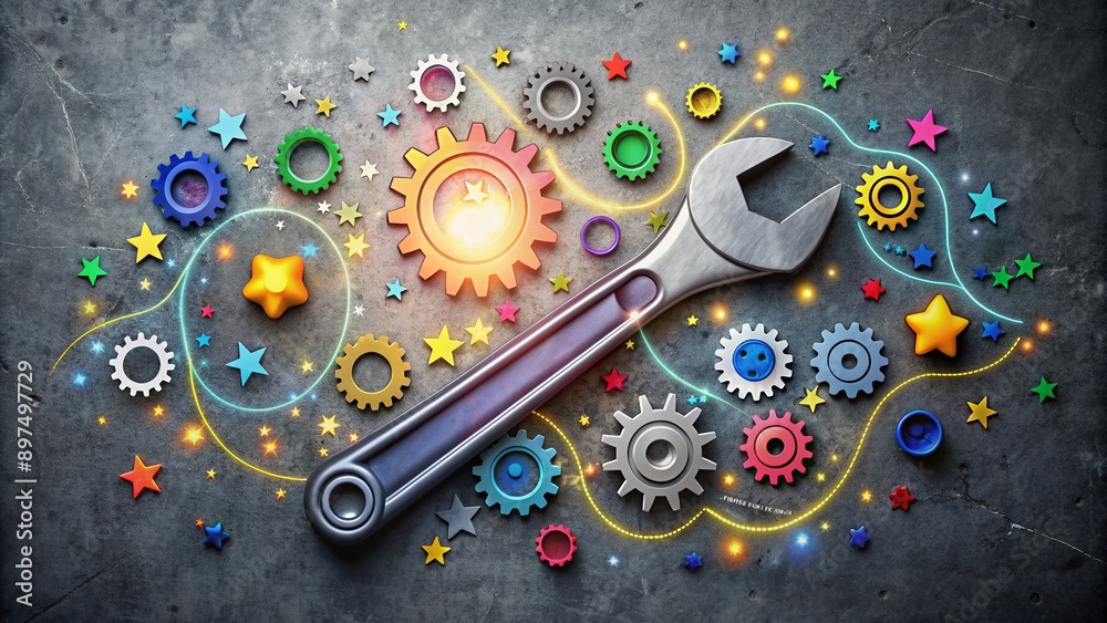 Colorful wrench surrounded by various icons including gears, sparks ...