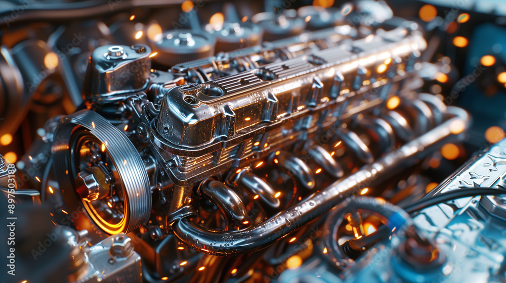 car engine in action. including pistons, crankshaft, and belts, the ...