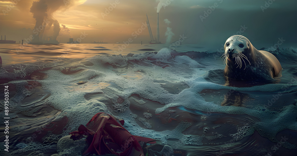 Environmental pollution, marine life suffering, industrial waste ...