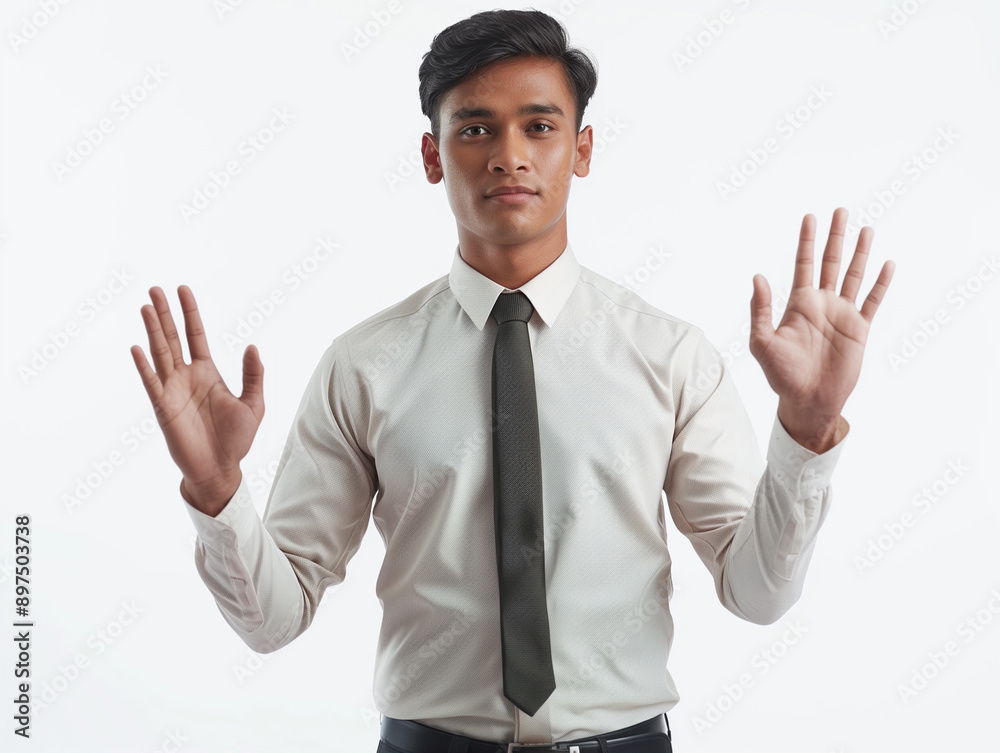 indonesian man saying no, wearing white shirt and tie, formal office ...