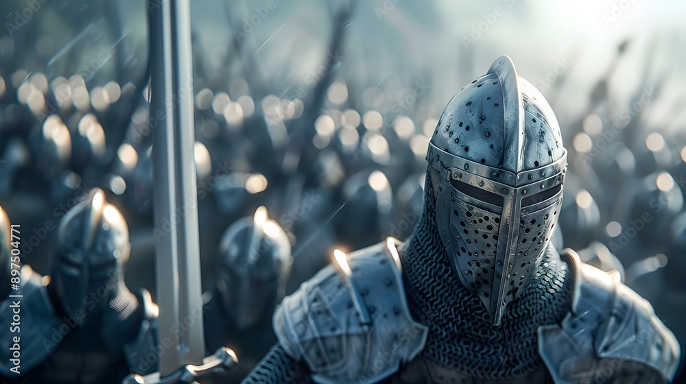 A large army of medieval knights in full armor, swords drawn, ready for ...