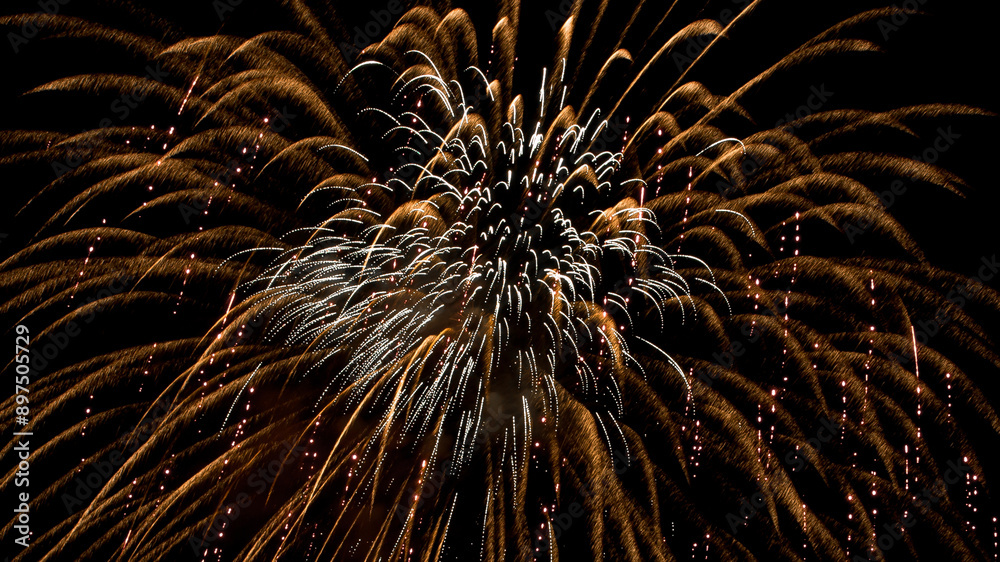 Color time lapse photo of a large gold and white firework exploding and ...