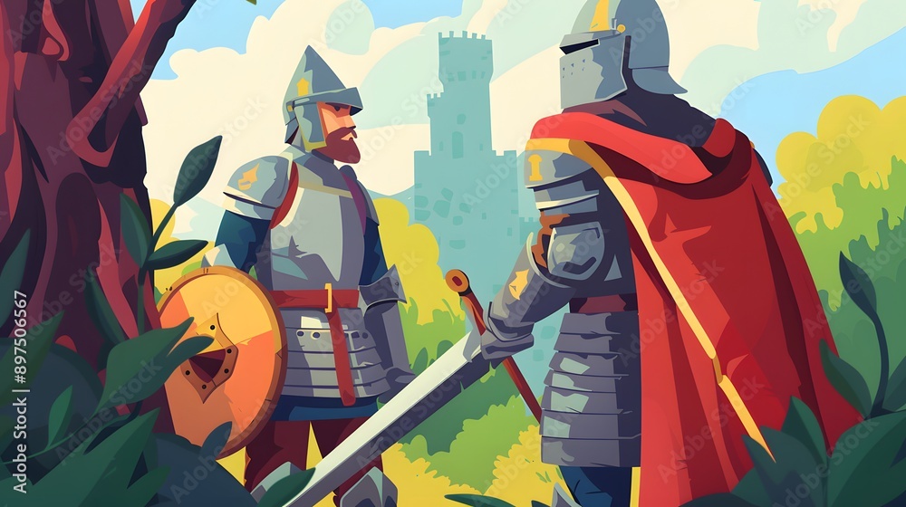 Two medieval knights stand guard outside a castle, one with a shield ...