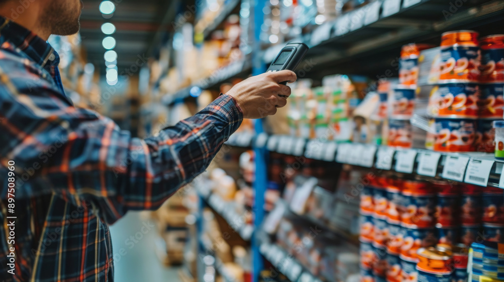 Manager scanning barcodes on product in a grocery store aisle with ...