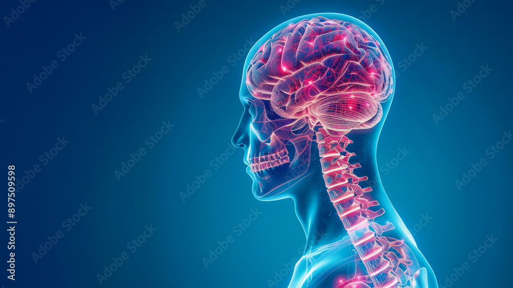 3D illustration of the human nervous system highlighting the brain and ...