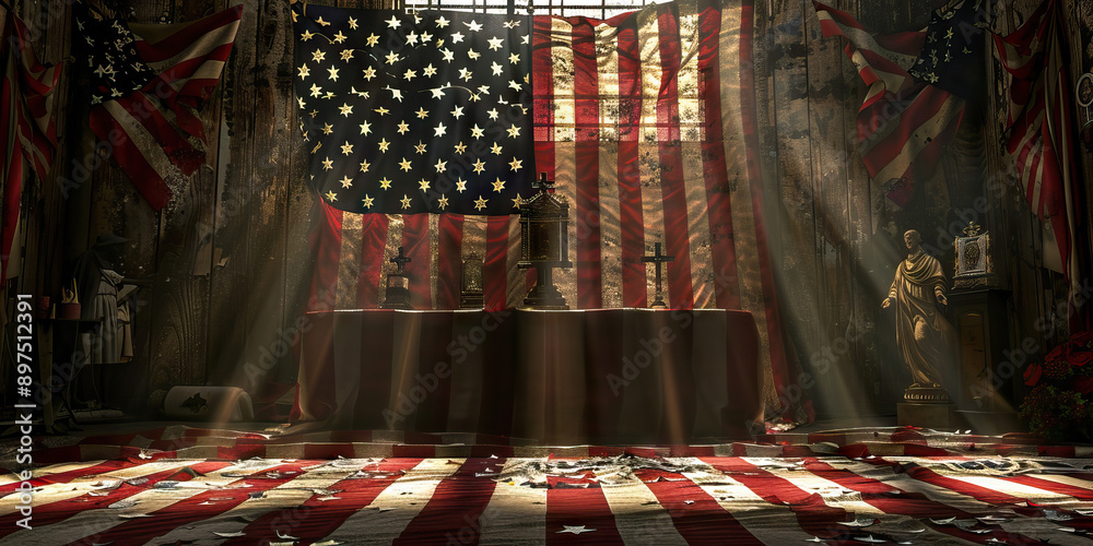 Altar of National Unity: An altar draped in the American flag, adorned ...