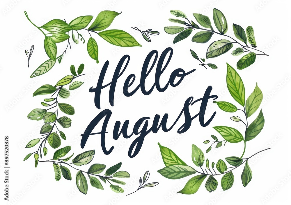 "Hello August", hand lettering, black text on white background with ...