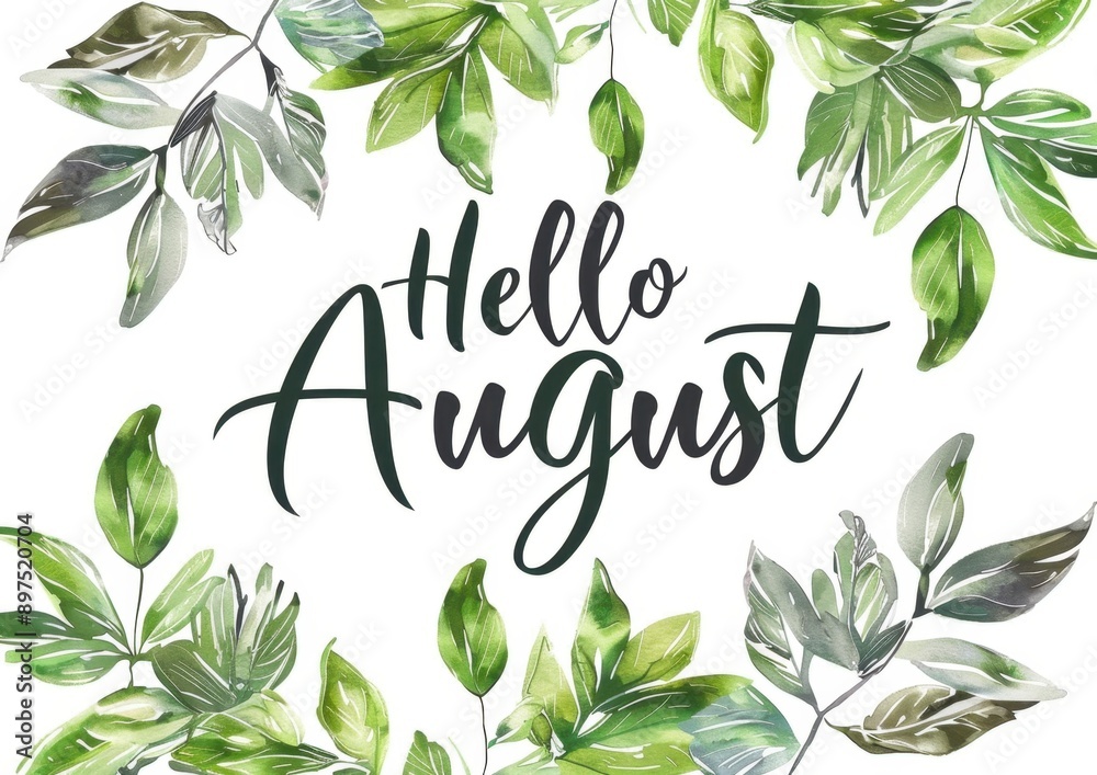 "Hello August" word hand lettering with green leaves on a white ...
