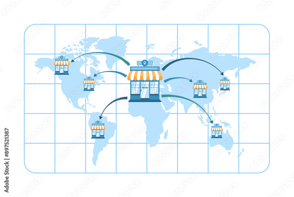 Global franchise expansion concept with stores linked across a world ...