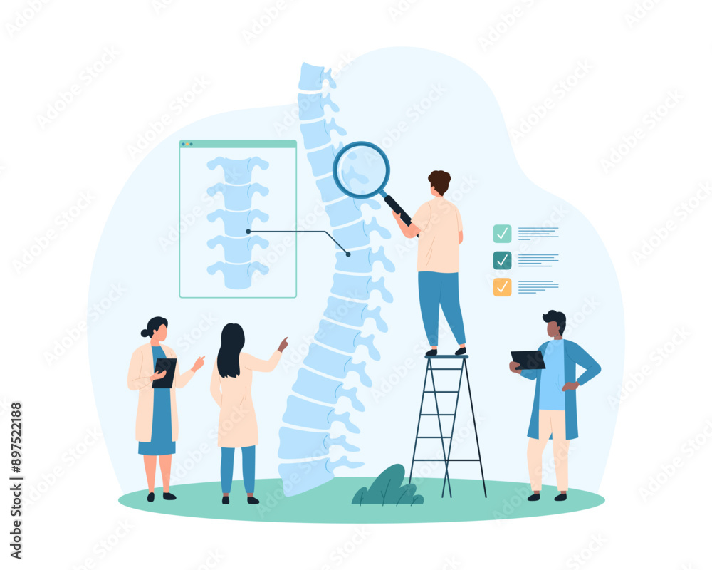 Diagnosis of diseases of spine. Tiny people examine patients spinal ...