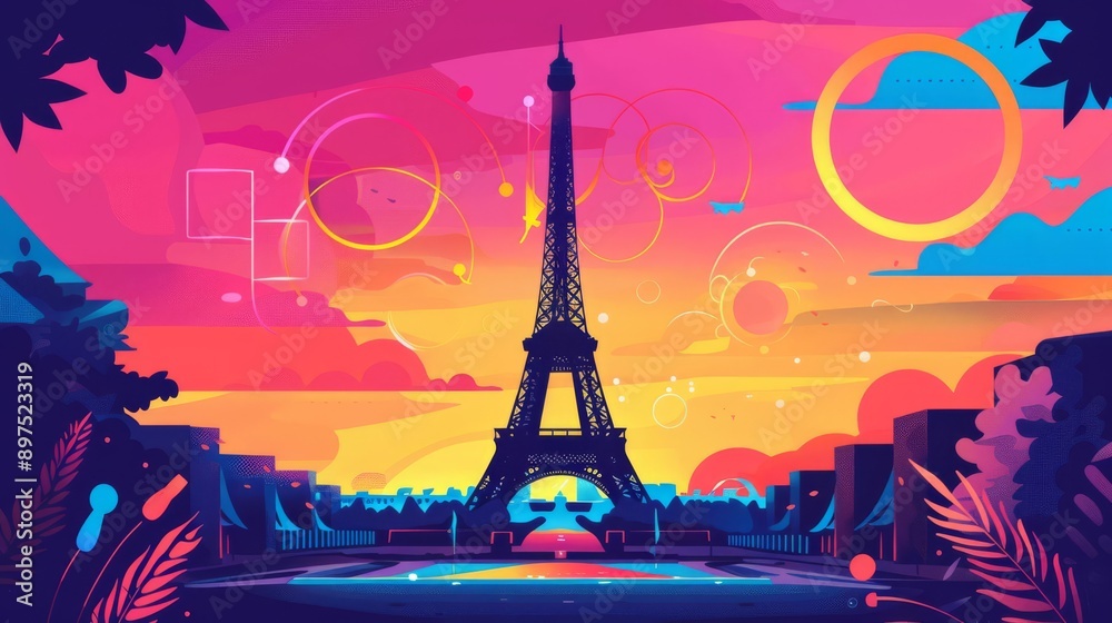 Paris 2024 Olympic banners with Eiffel Tower, flat vector, minimalist ...