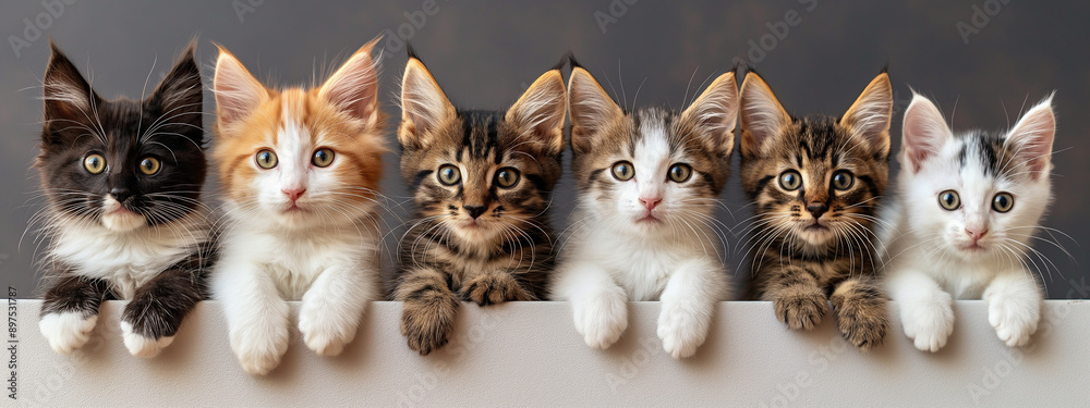 A row of dog and cat heads, with their paws raised, hang over a blank ...