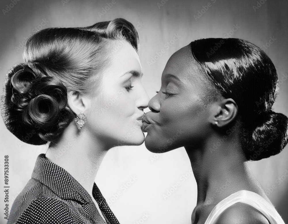 Two Lesbian Women Kissing: Retro Film Noir Style LGTB Portrait with Vintage Hairstyles and ...