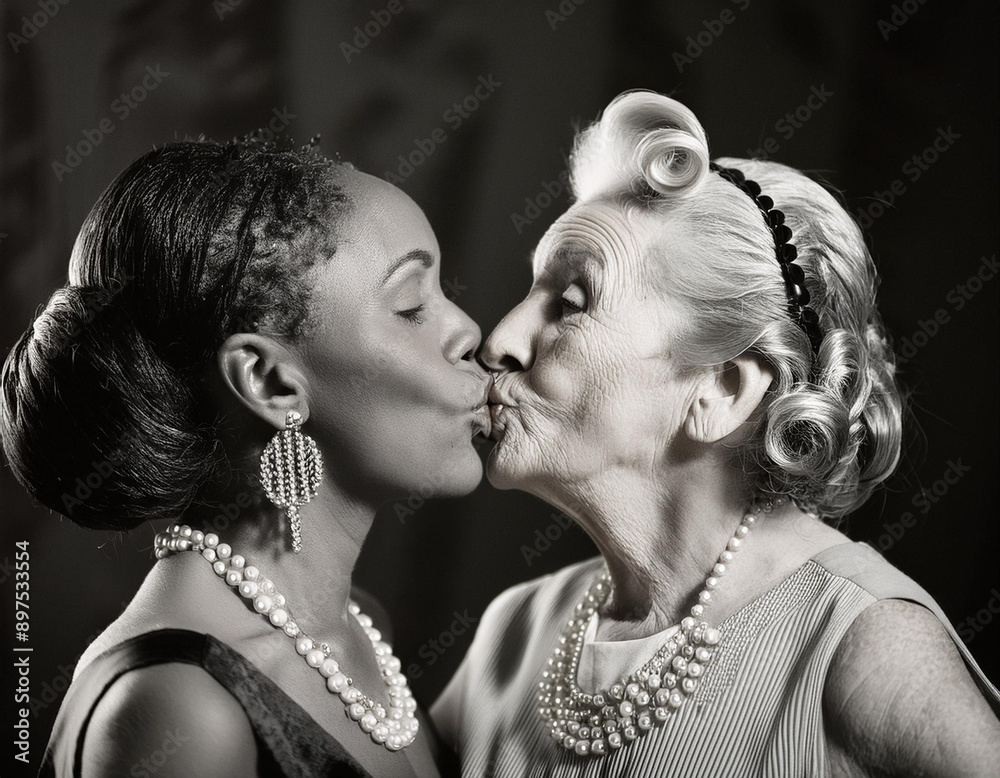 Two Lesbian Women Kissing: Retro Film Noir Style LGTB Portrait with Vintage Hairstyles and ...