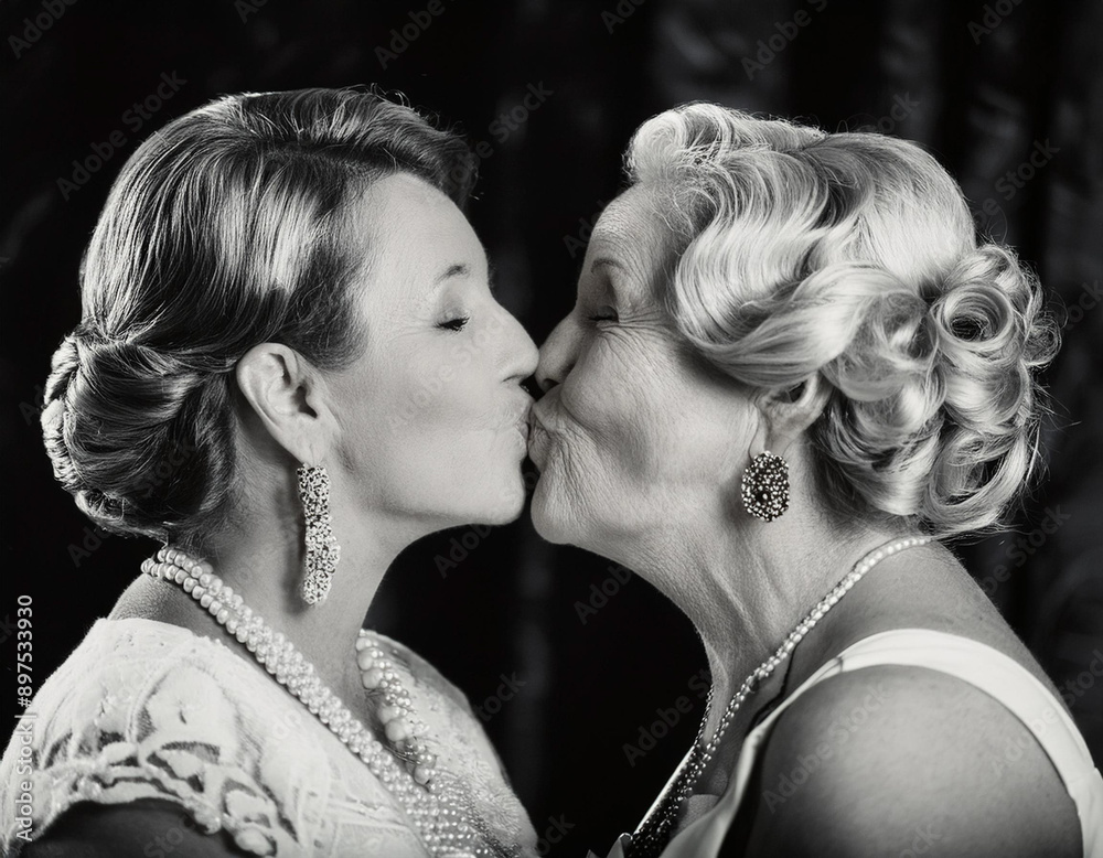Two Lesbian Women Kissing: Retro Film Noir Style LGTB Portrait with Vintage Hairstyles and ...