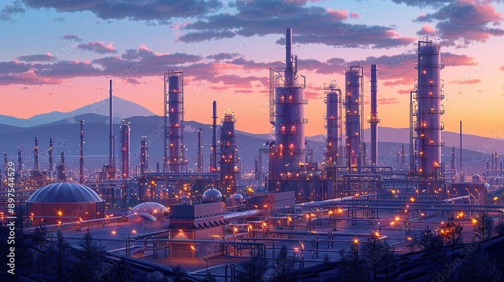 Impressive portrayal of a modern refinery at dusk, showcasing the ...
