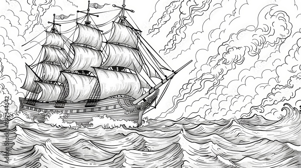 A thrilling coloring page of a pirate battle at sea, with two pirate ...