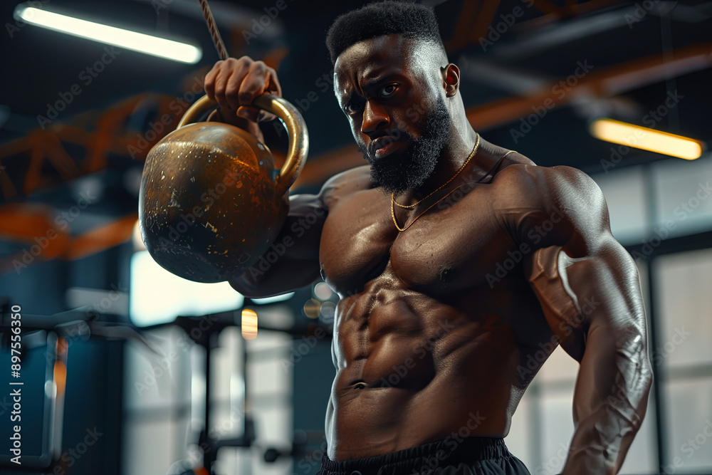 Black man, fitness and weightlifting with kettlebell for workout ...