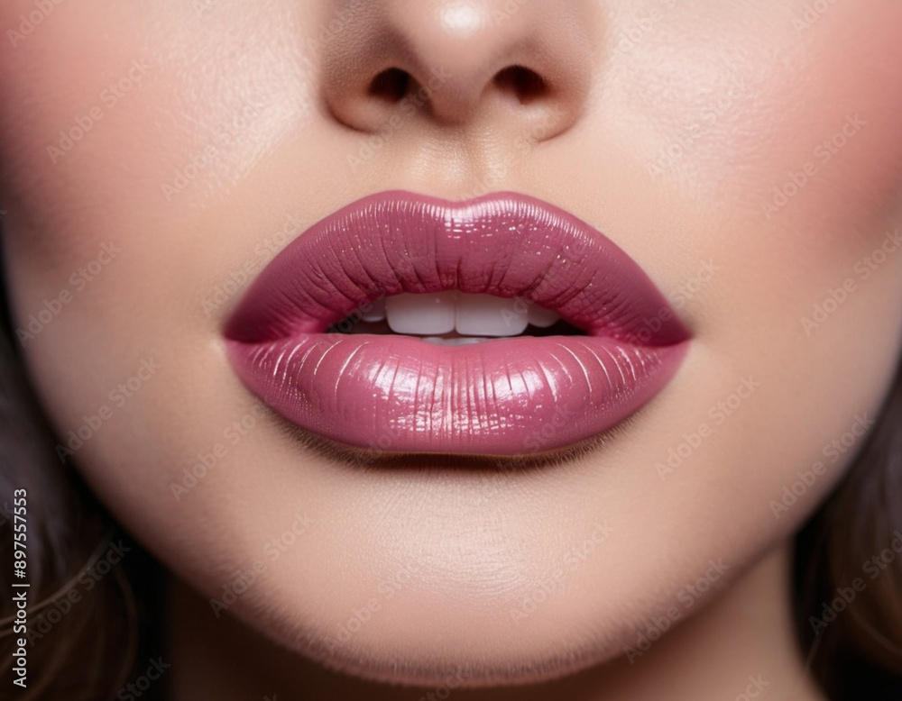A close-up of a woman's lips, featuring shimmering pink lipstick that adds a touch of sparkle ...