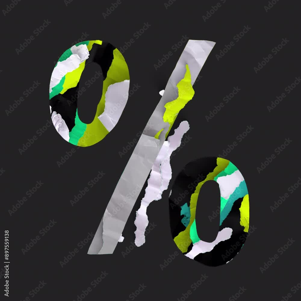 Animated shredded paper style percent sign symbol with embedded alpha ...