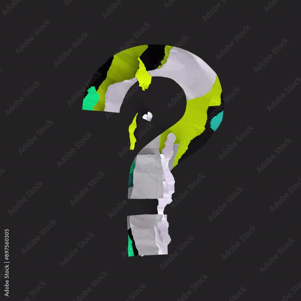 Animated shredded paper style question mark symbol with embedded alpha ...