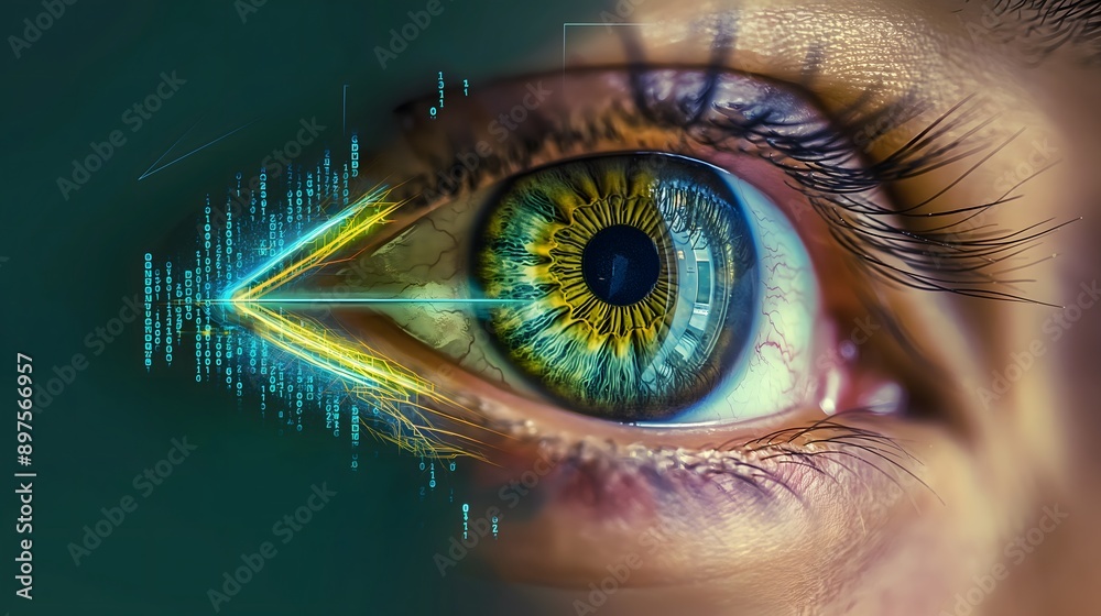 Futuristic digital backdrop with close-up blinking eyes and dynamic ...