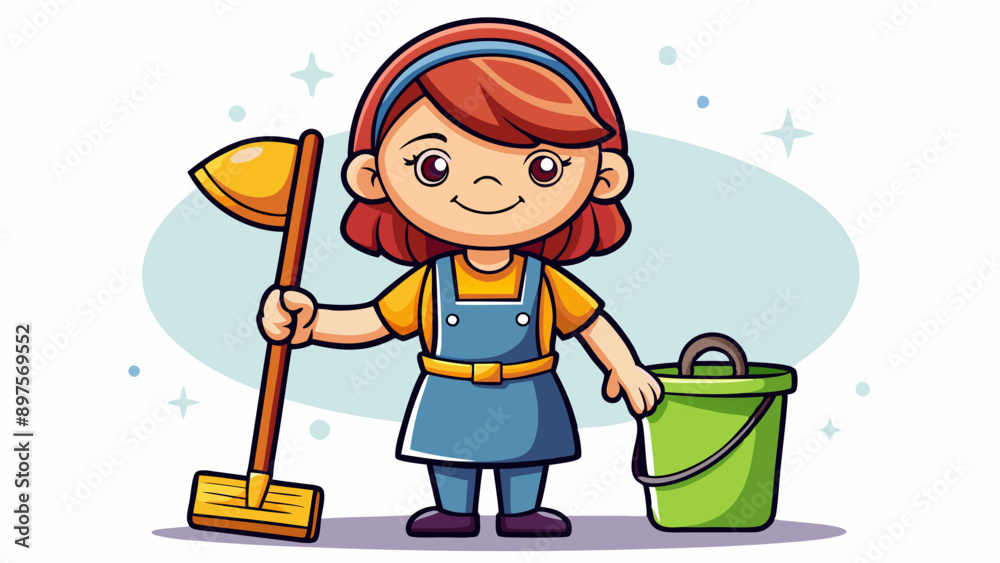 Happy cleaning lady with a broom and bucket cartoon illustration, white ...