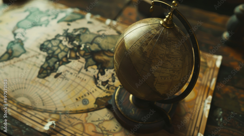 Antique globe resting on an old world map, symbolizing exploration ...