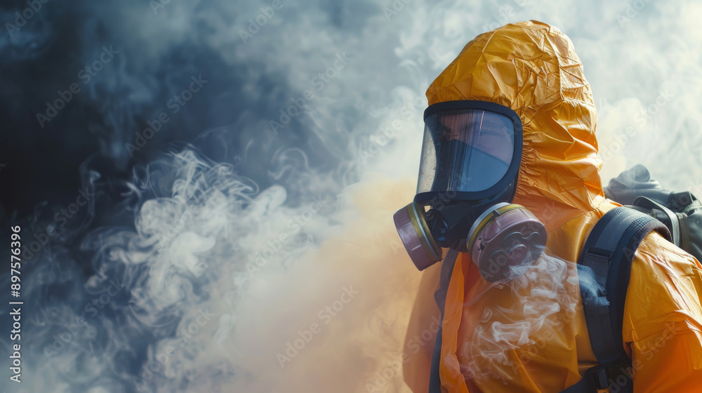 Enveloped in smoke, a figure in a yellow hazmat suit and protective ...
