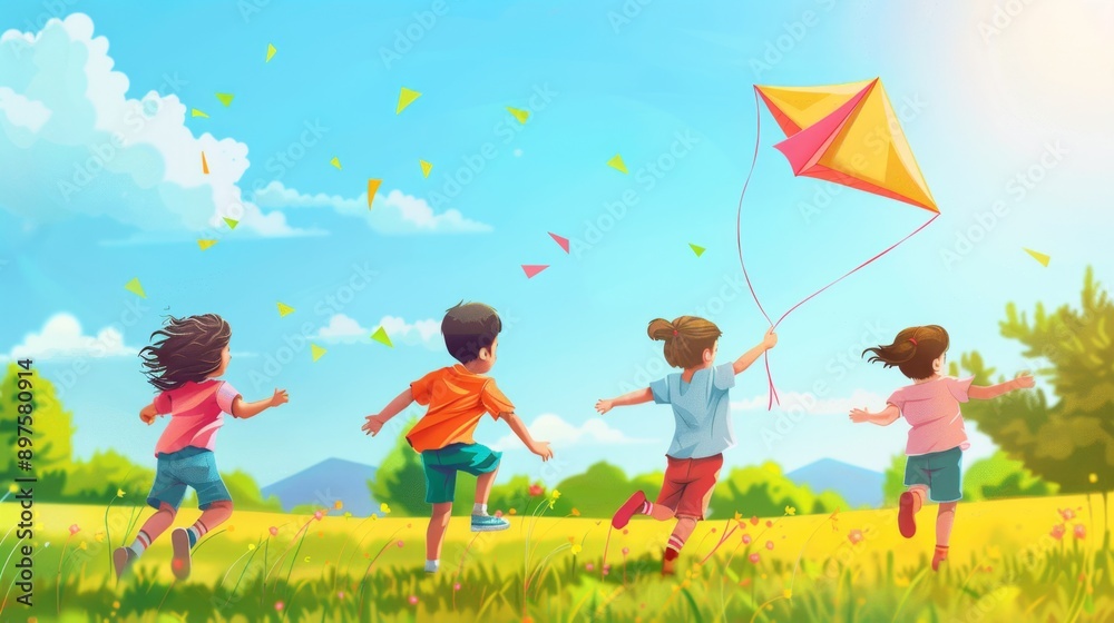 Four children run joyfully through a lush meadow, their laughter ...